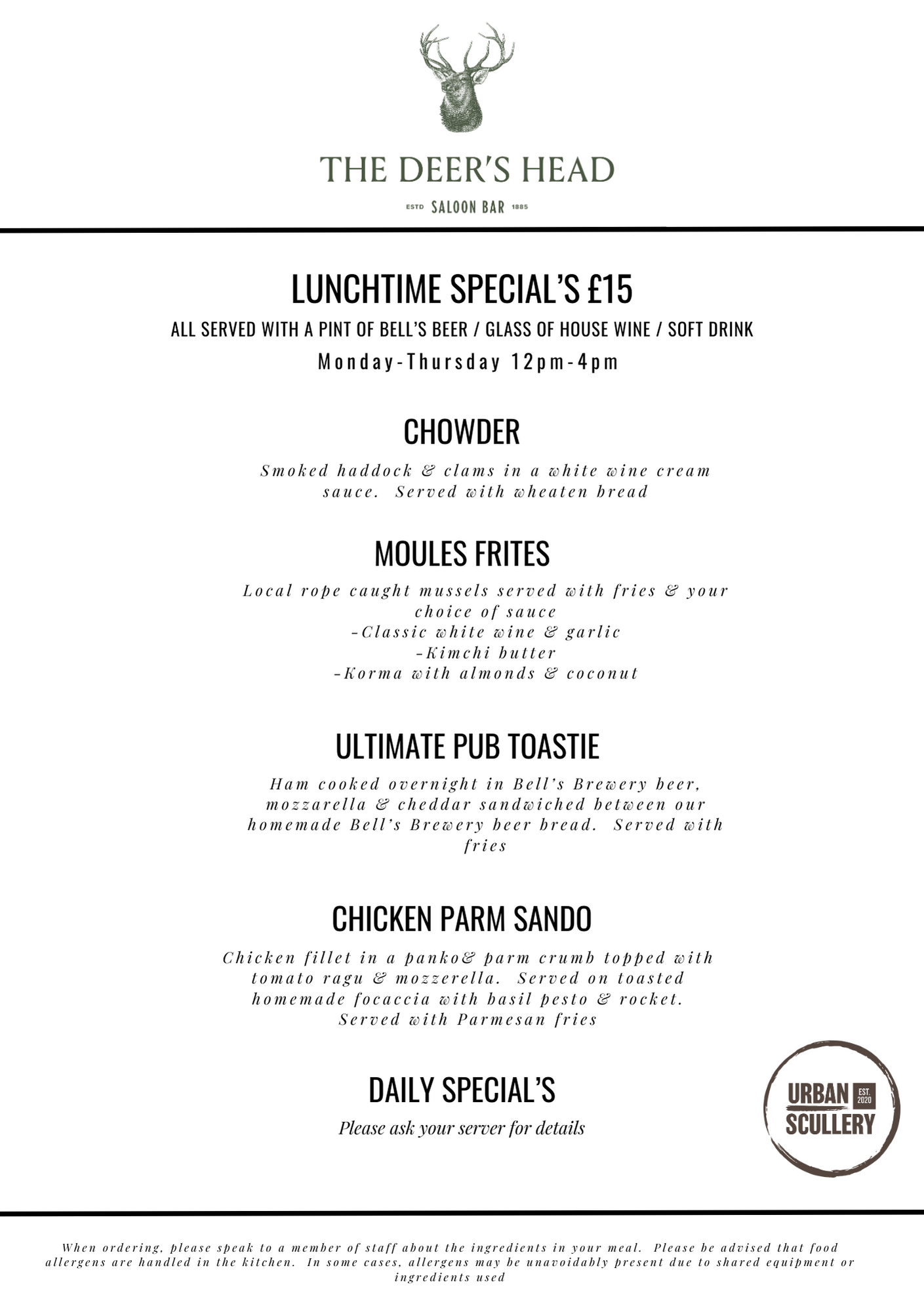 Menus | The Deer’s Head